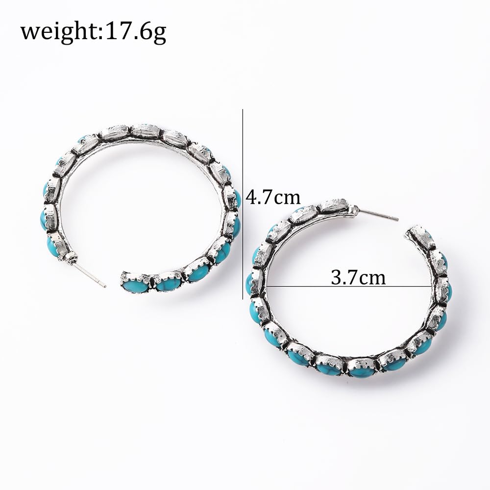 Turquoise Bohemian Metal Hoop Fashion Earring, Silver-Tone Faux Turquoise Hoop Earrings