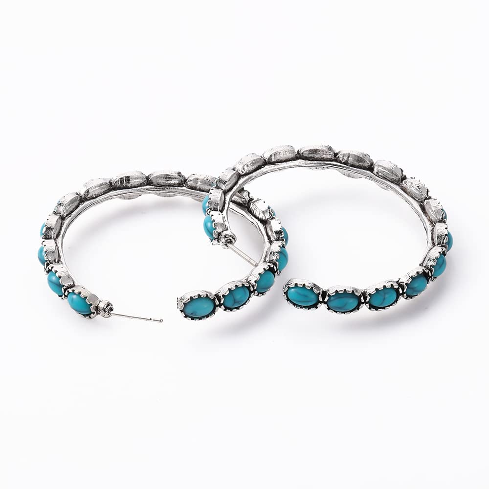 Turquoise Bohemian Metal Hoop Fashion Earring, Silver-Tone Faux Turquoise Hoop Earrings