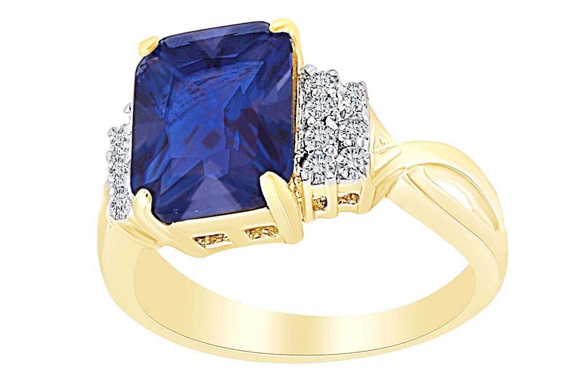 AFFY Emerald Simulated Blue Sapphire & White Cubic Zirconia Solitaire Ring in 14k Yellow Gold Over Sterling Silver Ring Size-8