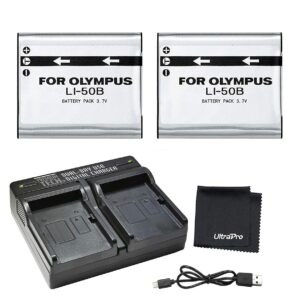 ultrapro 2-pack li-50b high-capacity replacement batteries w/rapid dual charger for select olympus cameras bundle includes: deluxe microfiber cleaning cloth