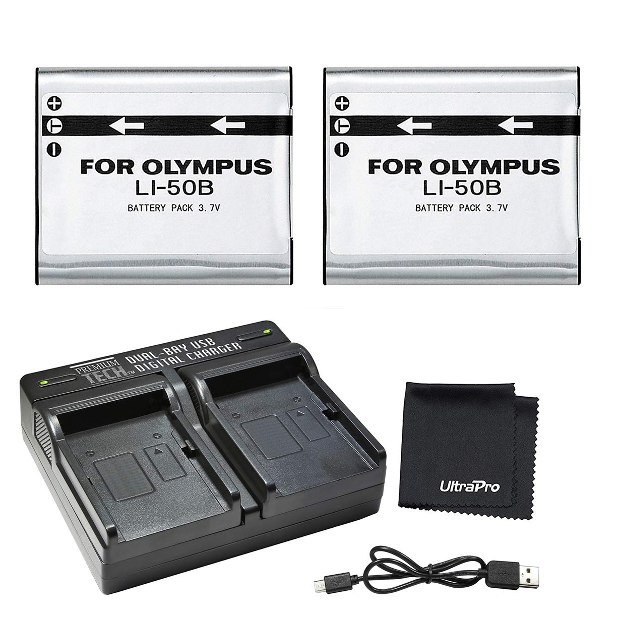 Ultrapro 2-Pack LI-50B High-Capacity Replacement Batteries w/Rapid Dual Charger for Select Olympus Cameras Bundle Includes: Deluxe Microfiber Cleaning Cloth