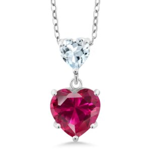 gem stone king 925 sterling silver red created ruby and sky blue aquamarine double heart pendant necklace for women (2.12 cttw, heart 8mm and 5mm, with 18 inch silver chain)