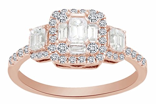 AFFY 14k Solid Rose Gold Emerald & Round Cut White Natural Diamond Cluster Engagement Wedding Ring 1 cttw Ring Size-11