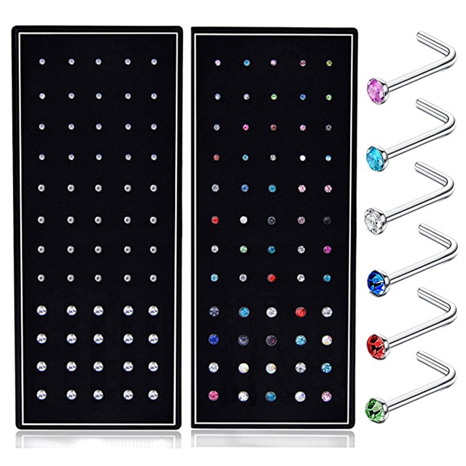 SMUOBT 120pcs 22G L Shaped Stainless Steel Nose Studs Rings Piercing Pin Body Jewelry 1.5mm 2mm 2.5mm a Set White and Colour