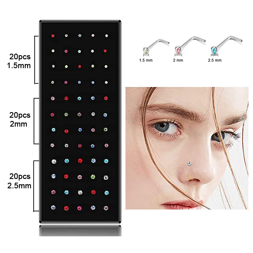 SMUOBT 120pcs 22G L Shaped Stainless Steel Nose Studs Rings Piercing Pin Body Jewelry 1.5mm 2mm 2.5mm a Set White and Colour