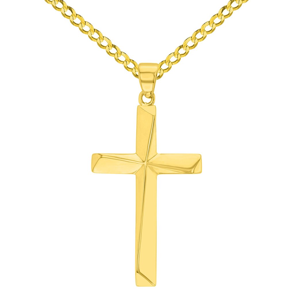 Jewelry America Solid 14K Yellow Gold Elegant Religious Plain Cross Pendant with Curb Chain Necklace, 20"