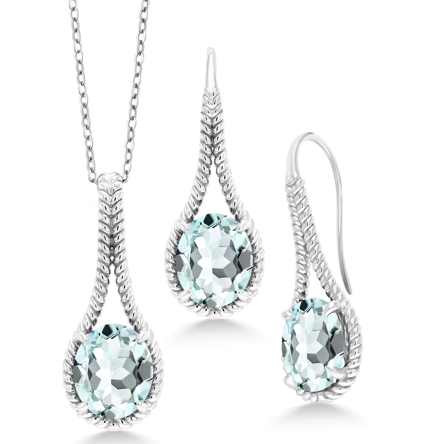 Gem Stone King 925 Sterling Silver Sky Blue Simulated Aquamarine Pendant and Earrings Jewelry Set For Women (11.79 Cttw, with 18 Inch Silver Chain)