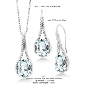 Gem Stone King 925 Sterling Silver Sky Blue Simulated Aquamarine Pendant and Earrings Jewelry Set For Women (11.79 Cttw, with 18 Inch Silver Chain)