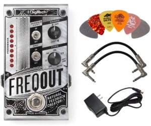 digitech freqout natural feedback creator pedal bundle with 9v power supply, 2 patch cables and 6 assorted dunlop picks