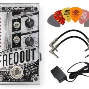 Digitech FREQOUT Natural Feedback Creator Pedal Bundle with 9V Power Supply, 2 Patch Cables and 6 Assorted Dunlop Picks