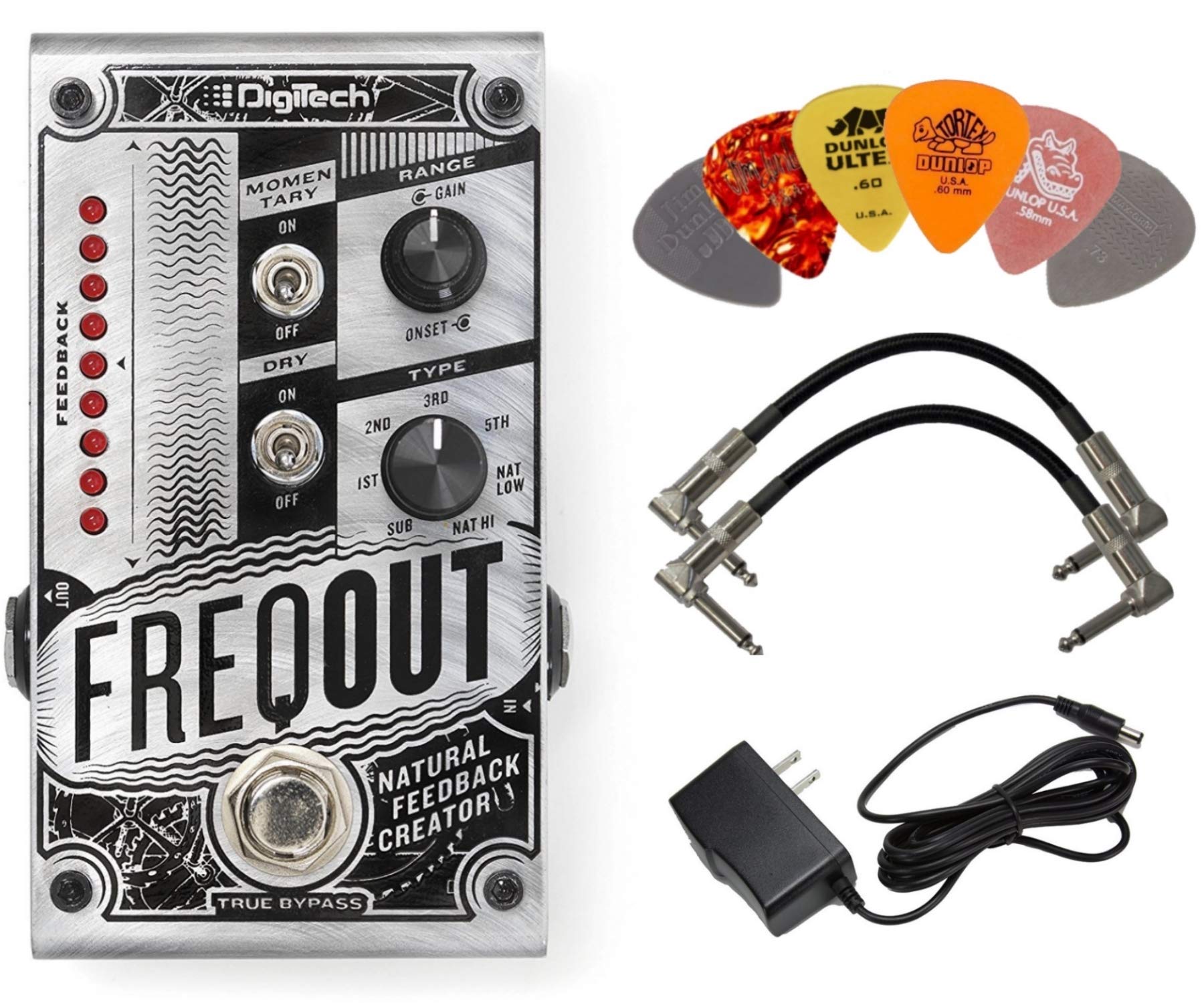 Digitech FREQOUT Natural Feedback Creator Pedal Bundle with 9V Power Supply, 2 Patch Cables and 6 Assorted Dunlop Picks