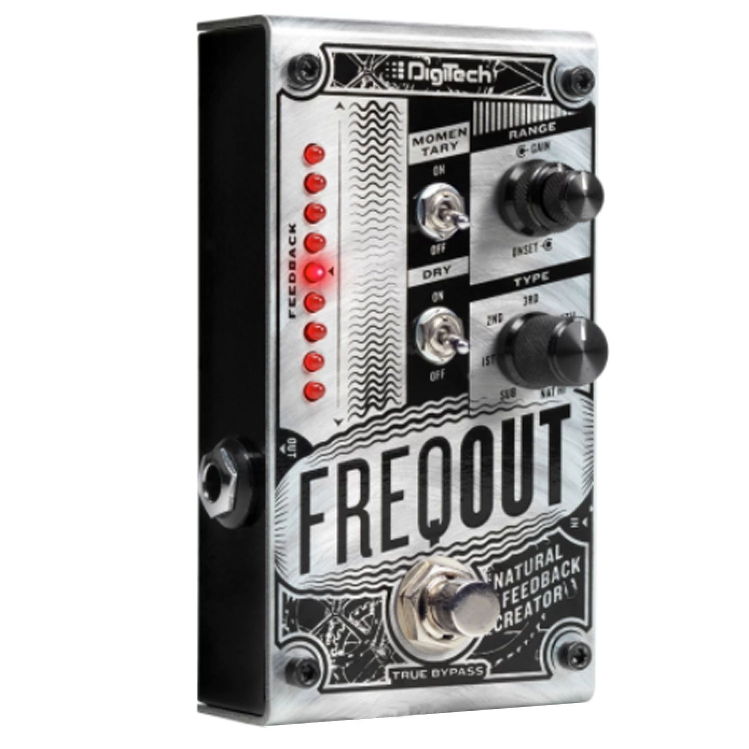 Digitech FREQOUT Natural Feedback Creator Pedal Bundle with 9V Power Supply, 2 Patch Cables and 6 Assorted Dunlop Picks