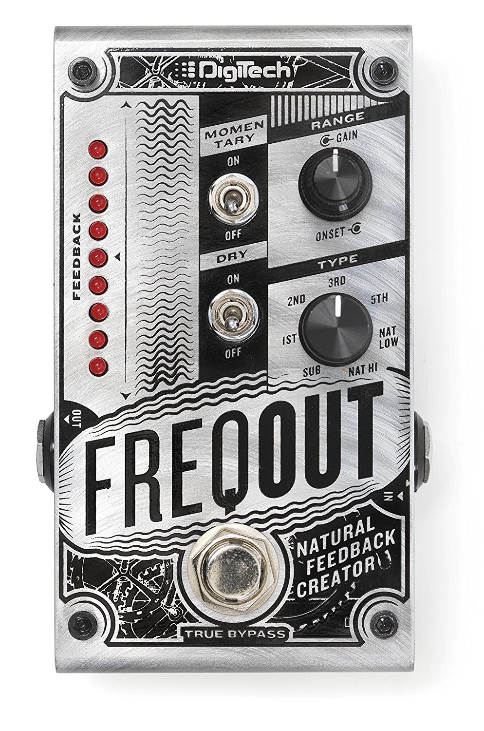 Digitech FREQOUT Natural Feedback Creator Pedal Bundle with 9V Power Supply, 2 Patch Cables and 6 Assorted Dunlop Picks