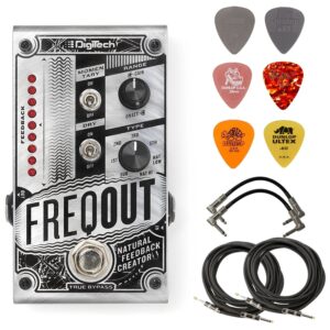 digitech freqout natural feedback creator pedal bundle with 2 patch cables, 2 instrument cables, and 6 assorted dunlop picks