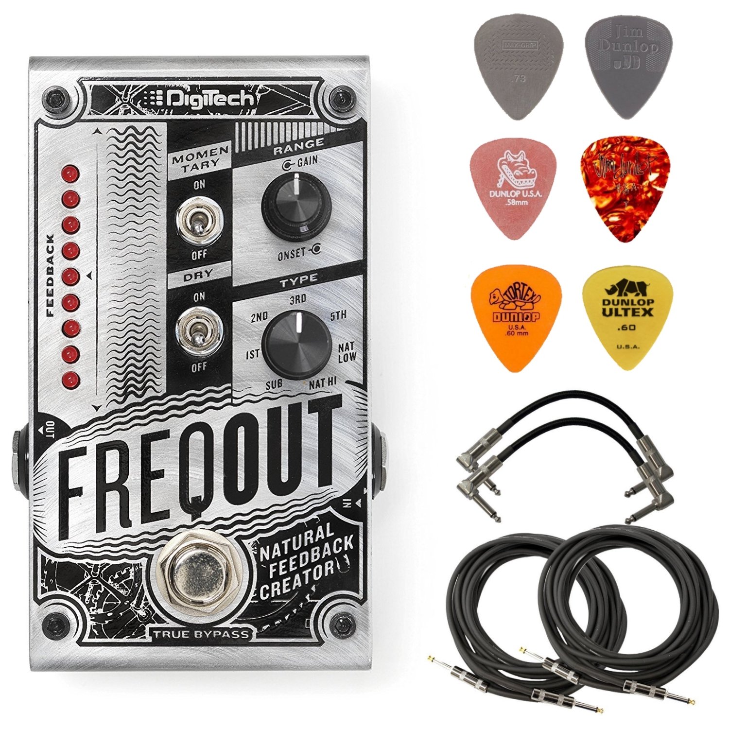 Digitech FREQOUT Natural Feedback Creator Pedal Bundle with 2 Patch Cables, 2 Instrument Cables, and 6 Assorted Dunlop Picks