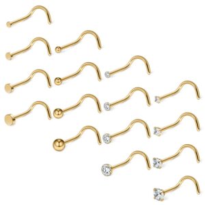 ruifan 16pcs 20g surgical steel 1.5mm 2mm 2.5mm 3mm top flat & ball & clear round & jeweled clear cz curved nose stud ring screw piercing jewelry - gold