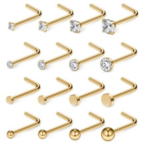 ruifan 16pcs 20g surgical steel 1.5mm 2mm 2.5mm 3mm top flat & ball & clear round & jeweled clear cz curved nose stud ring l shaped piercing jewelry - gold