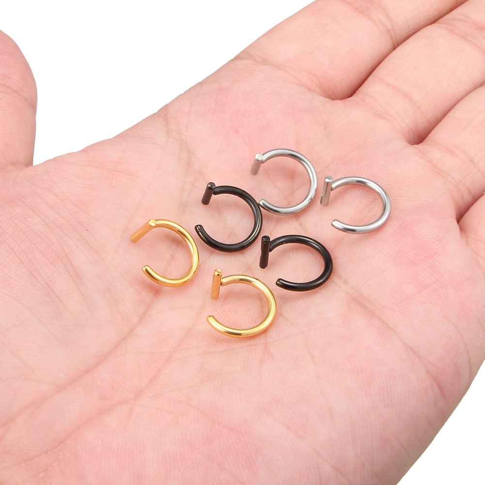 Ruifan 14G T Shaped Stainless Steel Gothic Clip on Non piercing Double Fake Cuff Lip Nose Ring Septum Hoop Women Girls Men 6pcs - Mix Color 1#