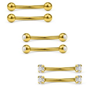 ruifan 3 pairs 16g clear cz ball curved barbell eyebrow belly lip tragus ring piercing jewelry 3/8"(10mm) - gold