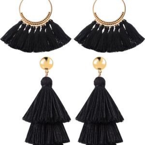 Hestya 2 Pairs Tassel Earrings for Women Girls Handmade 3 Tiered Tassel Dangle Earrings and Gold Hoop Earrings (Black)