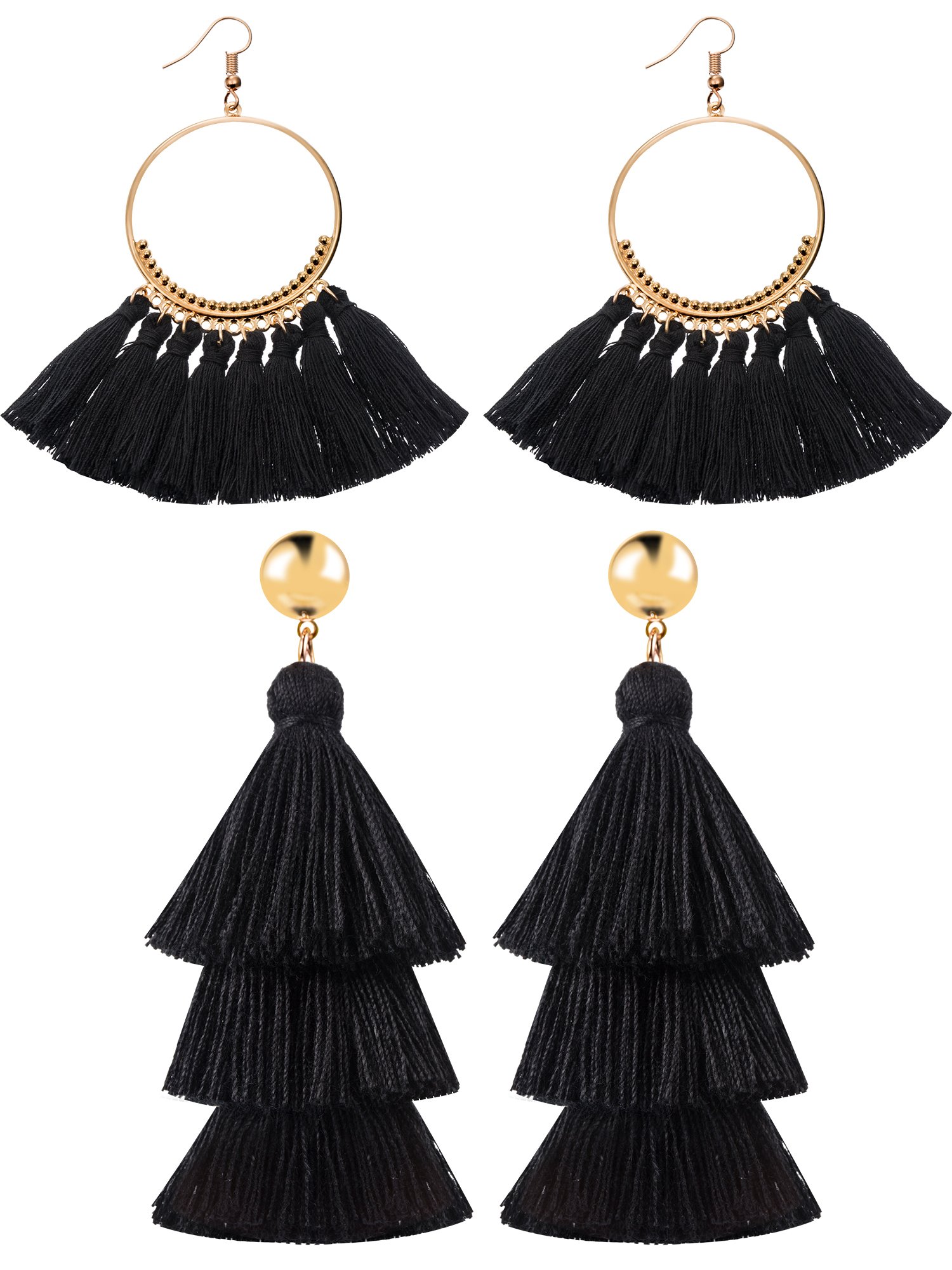 Hestya 2 Pairs Tassel Earrings for Women Girls Handmade 3 Tiered Tassel Dangle Earrings and Gold Hoop Earrings (Black)