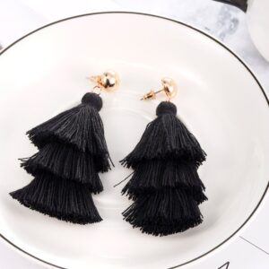 Hestya 2 Pairs Tassel Earrings for Women Girls Handmade 3 Tiered Tassel Dangle Earrings and Gold Hoop Earrings (Black)