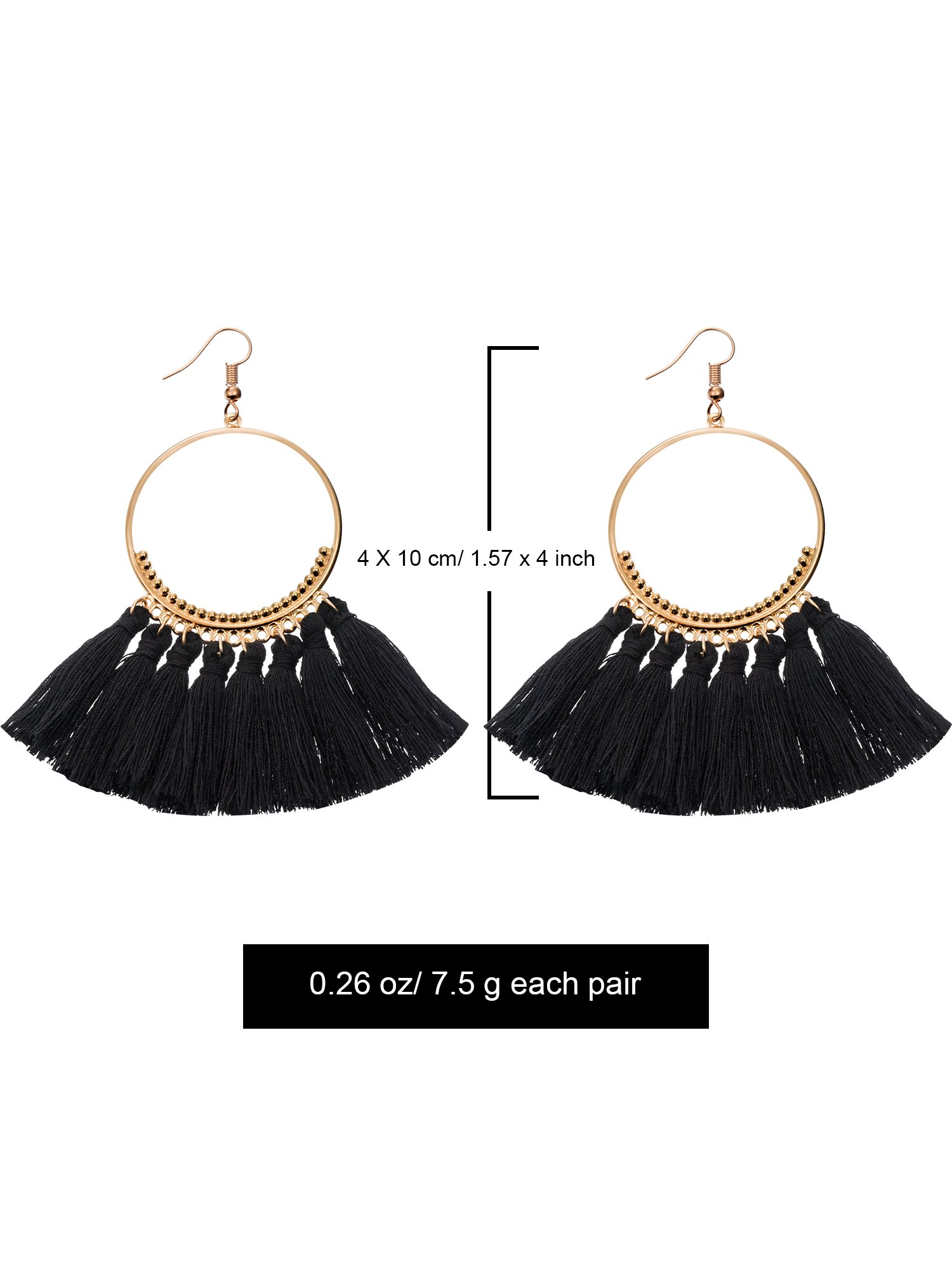 Hestya 2 Pairs Tassel Earrings for Women Girls Handmade 3 Tiered Tassel Dangle Earrings and Gold Hoop Earrings (Black)