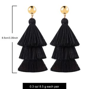 Hestya 2 Pairs Tassel Earrings for Women Girls Handmade 3 Tiered Tassel Dangle Earrings and Gold Hoop Earrings (Black)