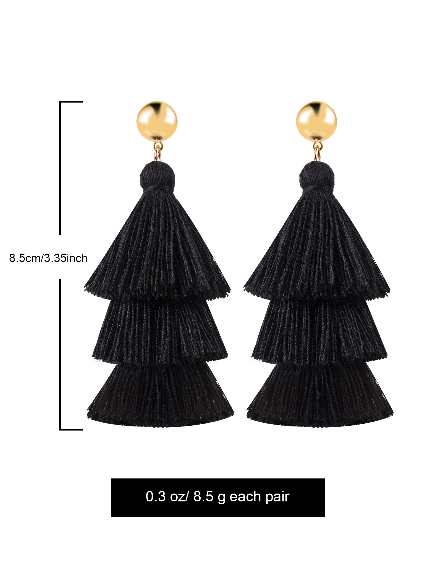 Hestya 2 Pairs Tassel Earrings for Women Girls Handmade 3 Tiered Tassel Dangle Earrings and Gold Hoop Earrings (Black)