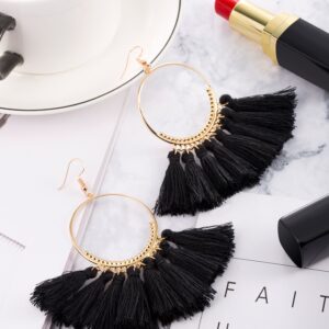 Hestya 2 Pairs Tassel Earrings for Women Girls Handmade 3 Tiered Tassel Dangle Earrings and Gold Hoop Earrings (Black)