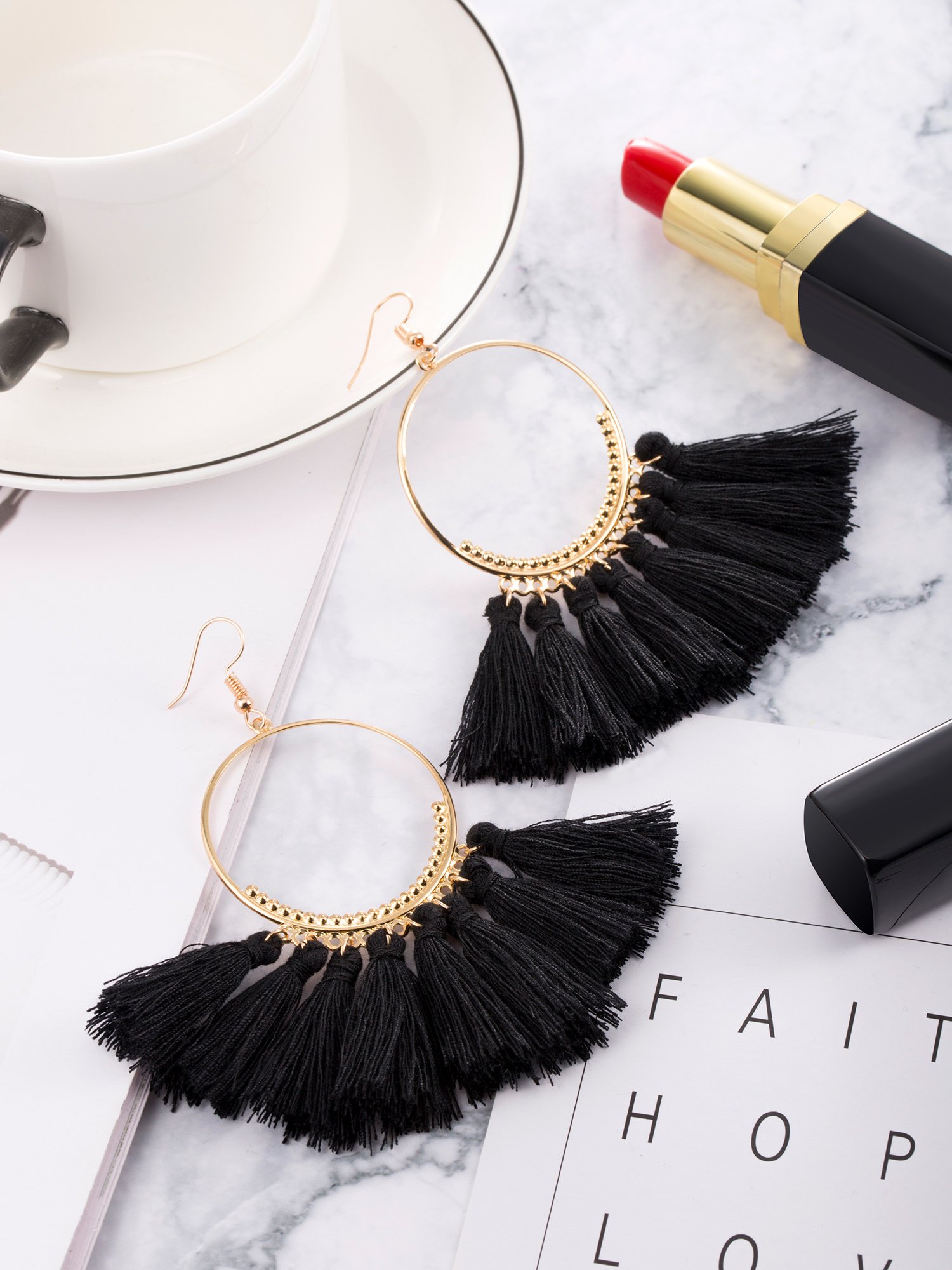 Hestya 2 Pairs Tassel Earrings for Women Girls Handmade 3 Tiered Tassel Dangle Earrings and Gold Hoop Earrings (Black)