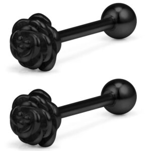 ruifan 2pcs vintage flower rose straight barbell nipple tongue ring piercing 14g 5/8"(16mm) - black