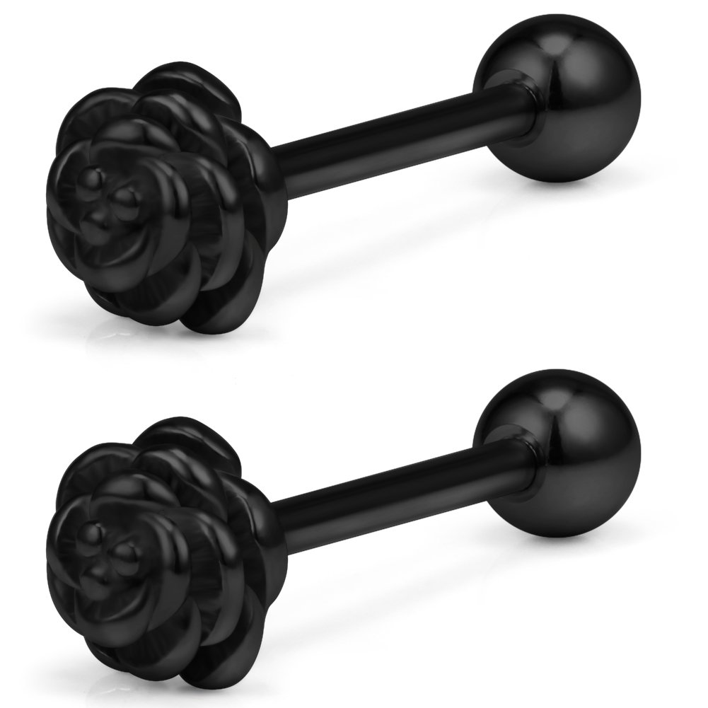 Ruifan 2pcs Vintage Flower Rose Straight Barbell Nipple Tongue Ring Piercing 14G 5/8"(16mm) - Black