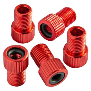 bike bits presta valve adapter - convert presta to schrader - french/uk to us - inflate tire using standard pump or air compressor (5 pack) (red)