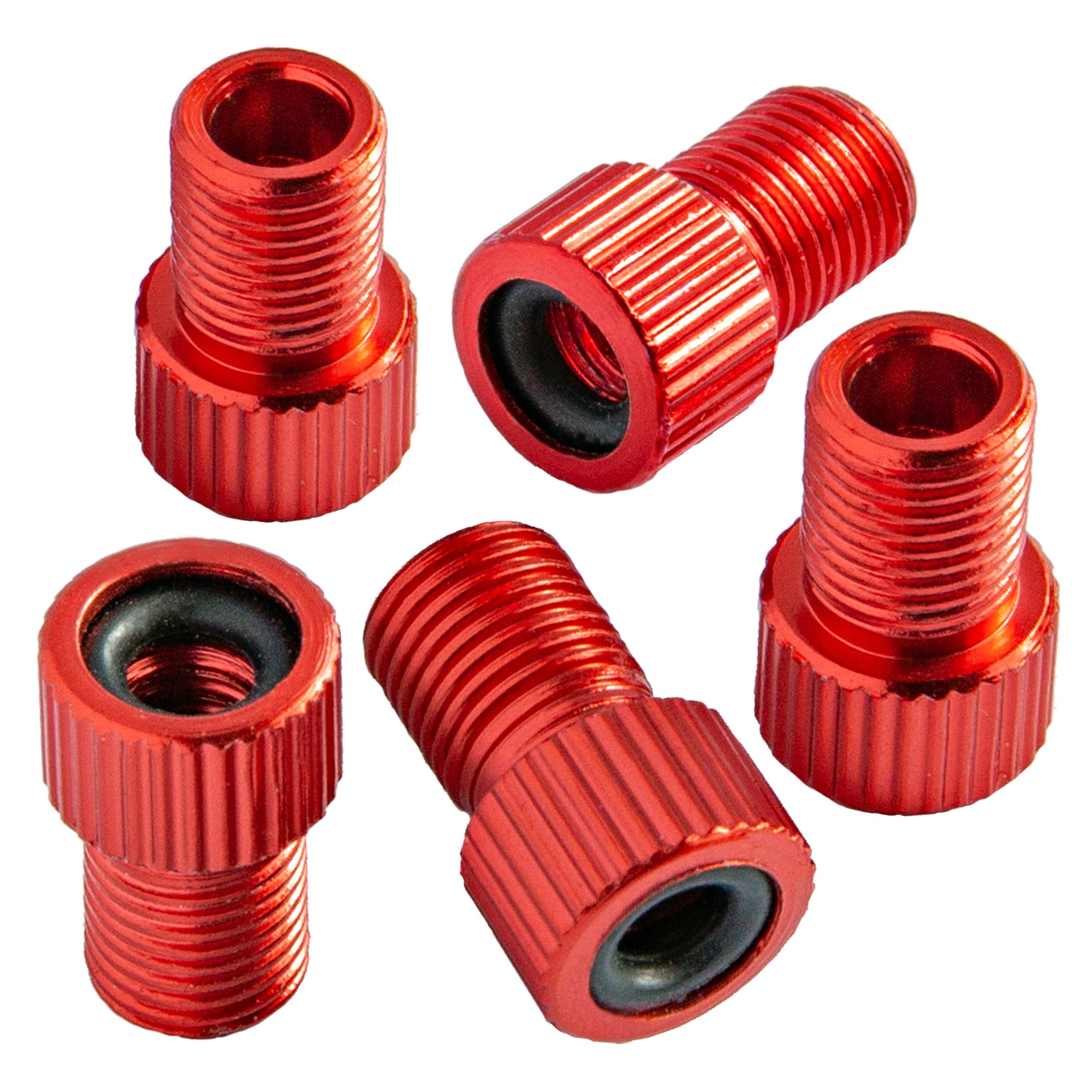 Bike Bits Presta Valve Adapter - Convert Presta to Schrader - French/UK to US - Inflate Tire Using Standard Pump or Air Compressor (5 Pack) (Red)