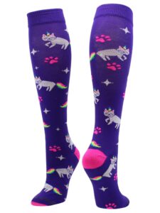 madsportsstuff neon rainbow caticorn over the calf socks (purple/neon pink, small)