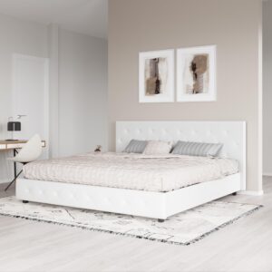 dhp dakota upholstered platform bed with diamond button tufted headboard and footboard, no box spring needed, king, white faux leather