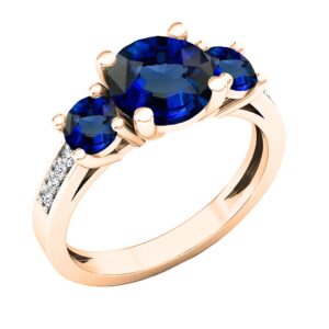 dazzlingrock collection 7 mm centre & 4 mm side round lab created blue sapphire with natural white diamond women three stone engagement ring | 14k rose gold, size 7