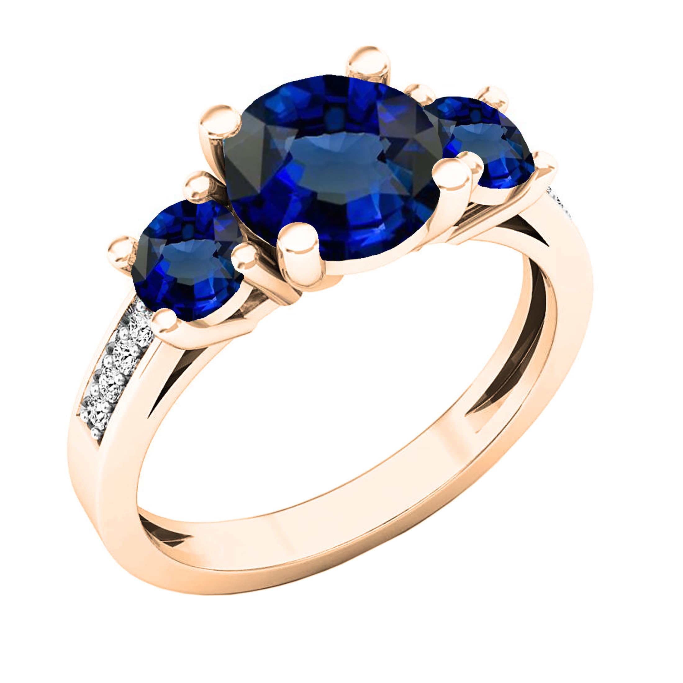 Dazzlingrock Collection 7 MM Centre & 4 MM Side Round Lab Created Blue Sapphire with Natural White Diamond Women Three Stone Engagement Ring | 14K Rose Gold, Size 7