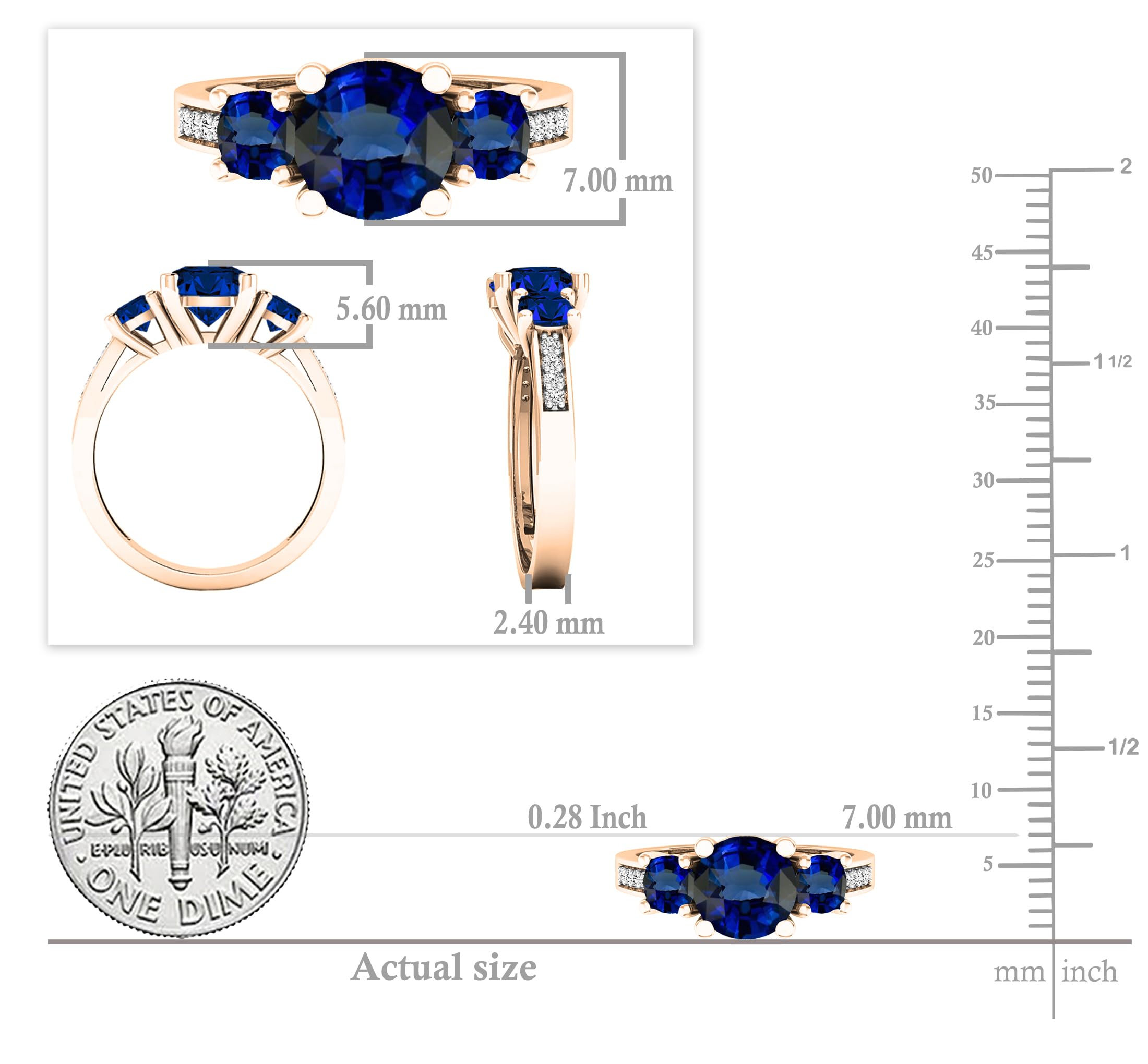 Dazzlingrock Collection 7 MM Centre & 4 MM Side Round Lab Created Blue Sapphire with Natural White Diamond Women Three Stone Engagement Ring | 14K Rose Gold, Size 7