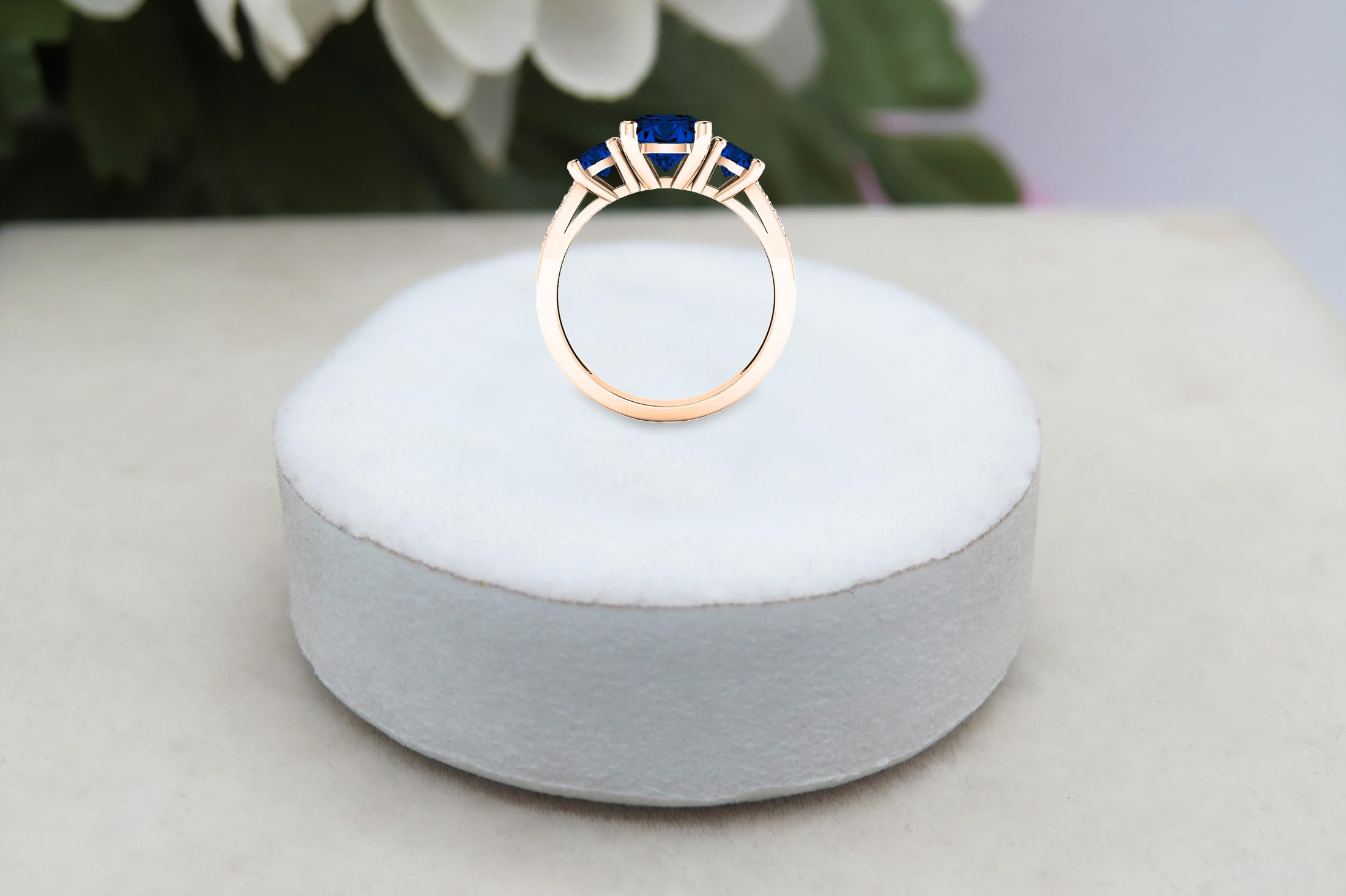 Dazzlingrock Collection 7 MM Centre & 4 MM Side Round Lab Created Blue Sapphire with Natural White Diamond Women Three Stone Engagement Ring | 14K Rose Gold, Size 7