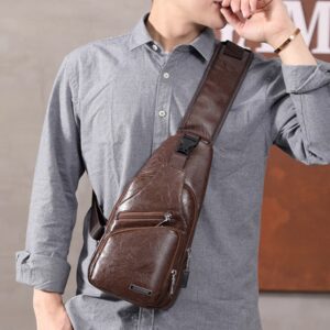 Rullar PU Sling Bags Chest Shoulder Crossbody Messenger Travel Hiking Multipurpose Daypack Purse Backpack for Mens Dark Brown