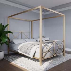 dhp rosedale metal canopy bed frame with four poster design and geometric accented headboard and footboard, underbed storage space, queen, gold