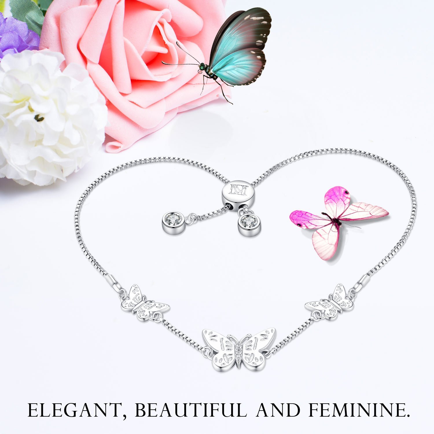 NINAMAID Silver Butterfly Charms Expandable Bolo Bracelet with Sparkling Cubic Zirconia Adjustable White Gold Plated Women Jewelry