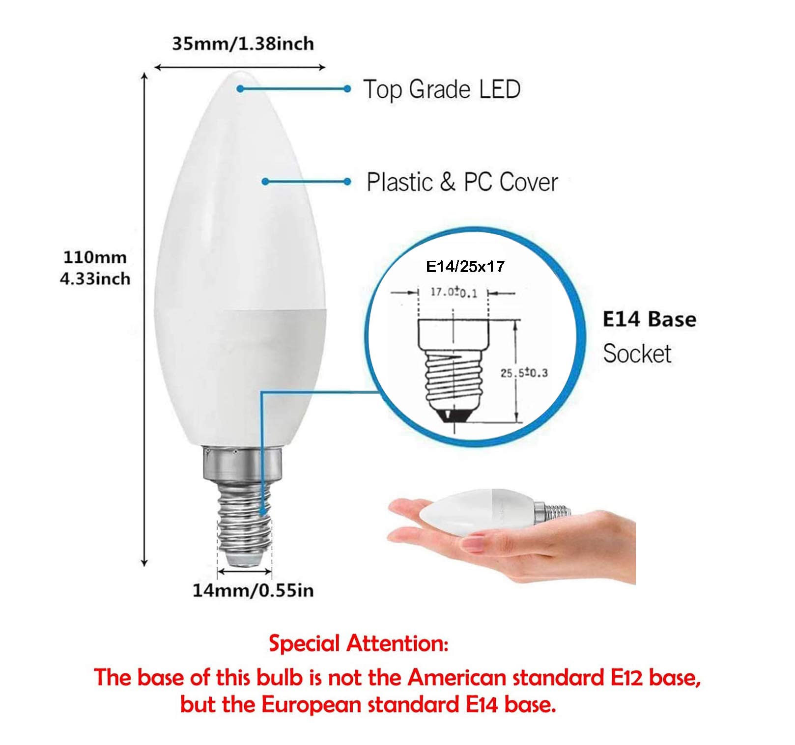 CTKcom LED Candelabra Light Bulbs E14 7W, Equivalent 60 Watt Light Bulbs,Candelabra Led E14 Instermediate Base,430 Lumens LED Not Dimmable (Warm White 2700K) 4 Pack