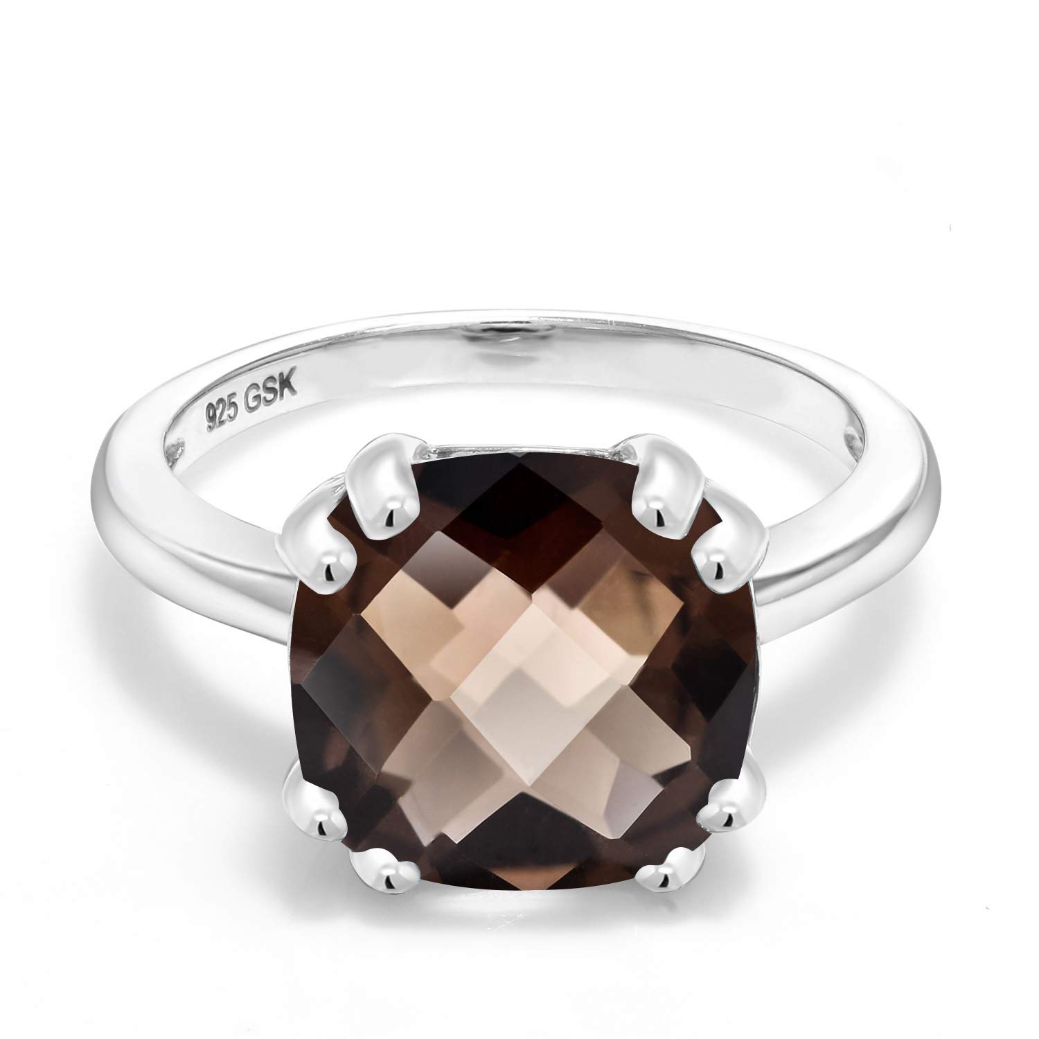 Gem Stone King 925 Sterling Silver Brown Smoky Quartz Double Prong Ring For Women (3.07 Cttw, Cushion Checkerboard 10MM, Available in size 5, 6, 7, 8, 9)