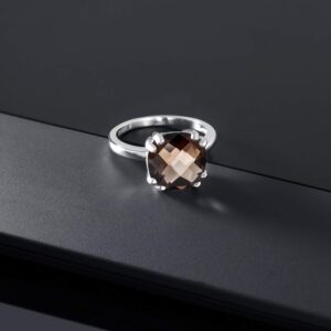 Gem Stone King 925 Sterling Silver Brown Smoky Quartz Double Prong Ring For Women (3.07 Cttw, Cushion Checkerboard 10MM, Available in size 5, 6, 7, 8, 9)