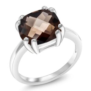 Gem Stone King 925 Sterling Silver Brown Smoky Quartz Double Prong Ring For Women (3.07 Cttw, Cushion Checkerboard 10MM, Available in size 5, 6, 7, 8, 9)