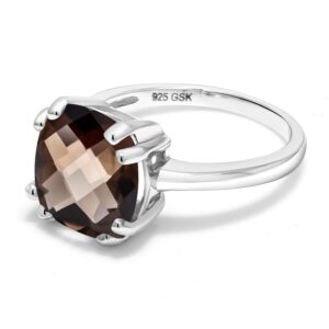 Gem Stone King 925 Sterling Silver Brown Smoky Quartz Double Prong Ring For Women (3.07 Cttw, Cushion Checkerboard 10MM, Available in size 5, 6, 7, 8, 9)