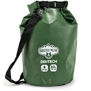 grizzly peak dri-tech waterproof ip 66 lightweight roll-top sack dry bag with adjustable straps, 20 l